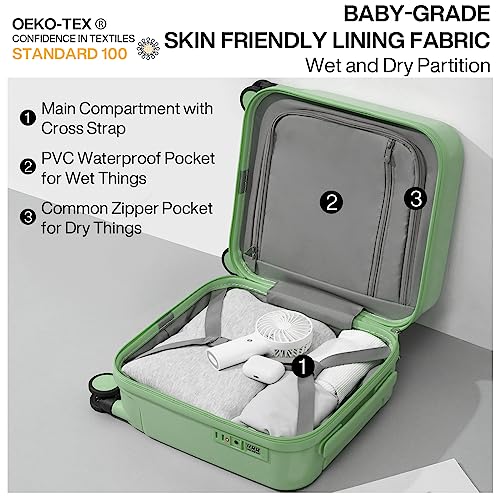 14 Inch Underseat Luggage Carry on Suitcase Free Boarding Personal Item, Mixi Spinner Wheels Hardshell Lightweight PC Suitcases for Short Travel, Avocado Green