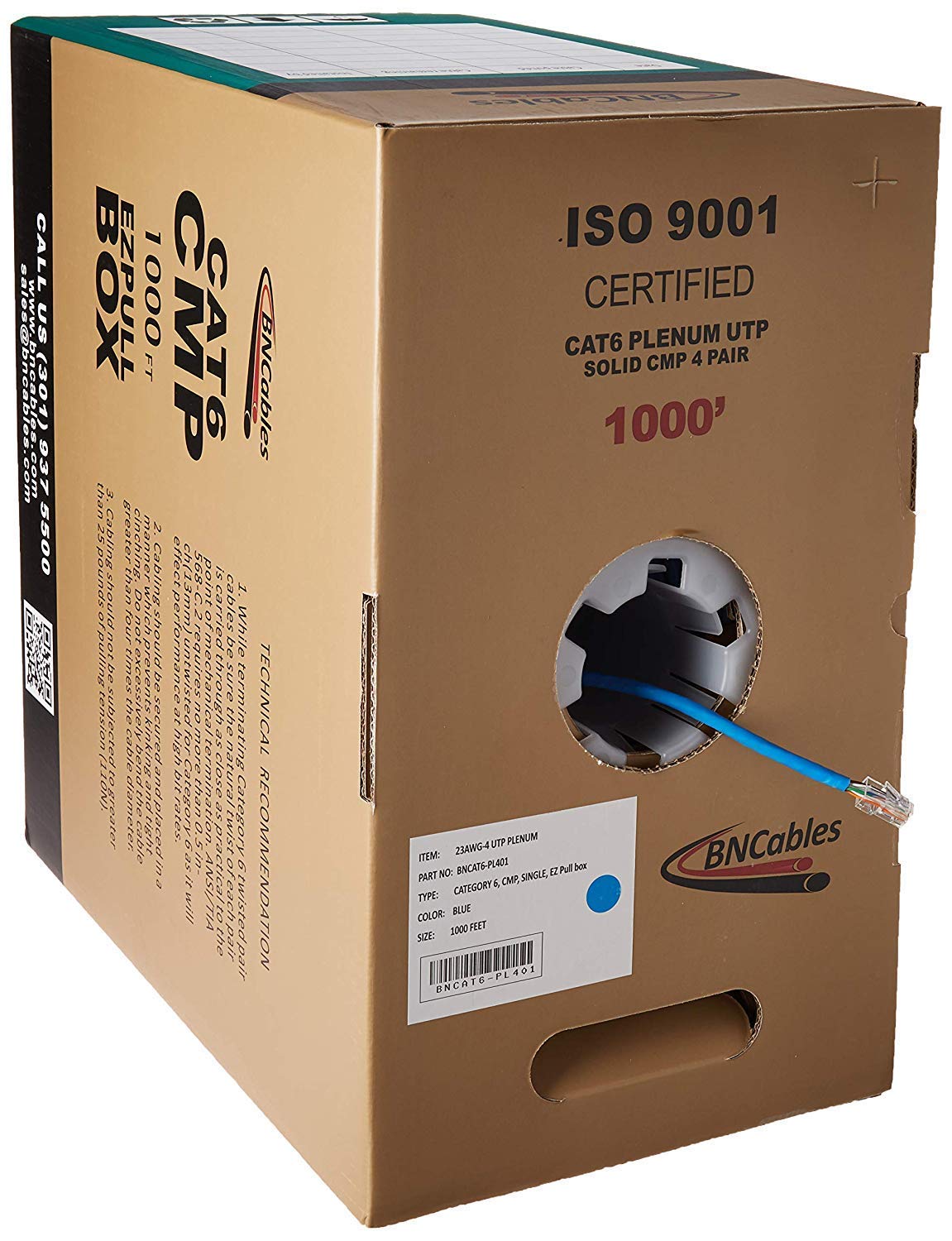 550MHZ CAT6 Plenum Cable 1000ft Blue, 23AWG 4Pair, Solid Network Cable Unshielded Twisted Pair (UTP), Available in Blue, White, Yellow, Gray, Purple, Green & Black (Blue)