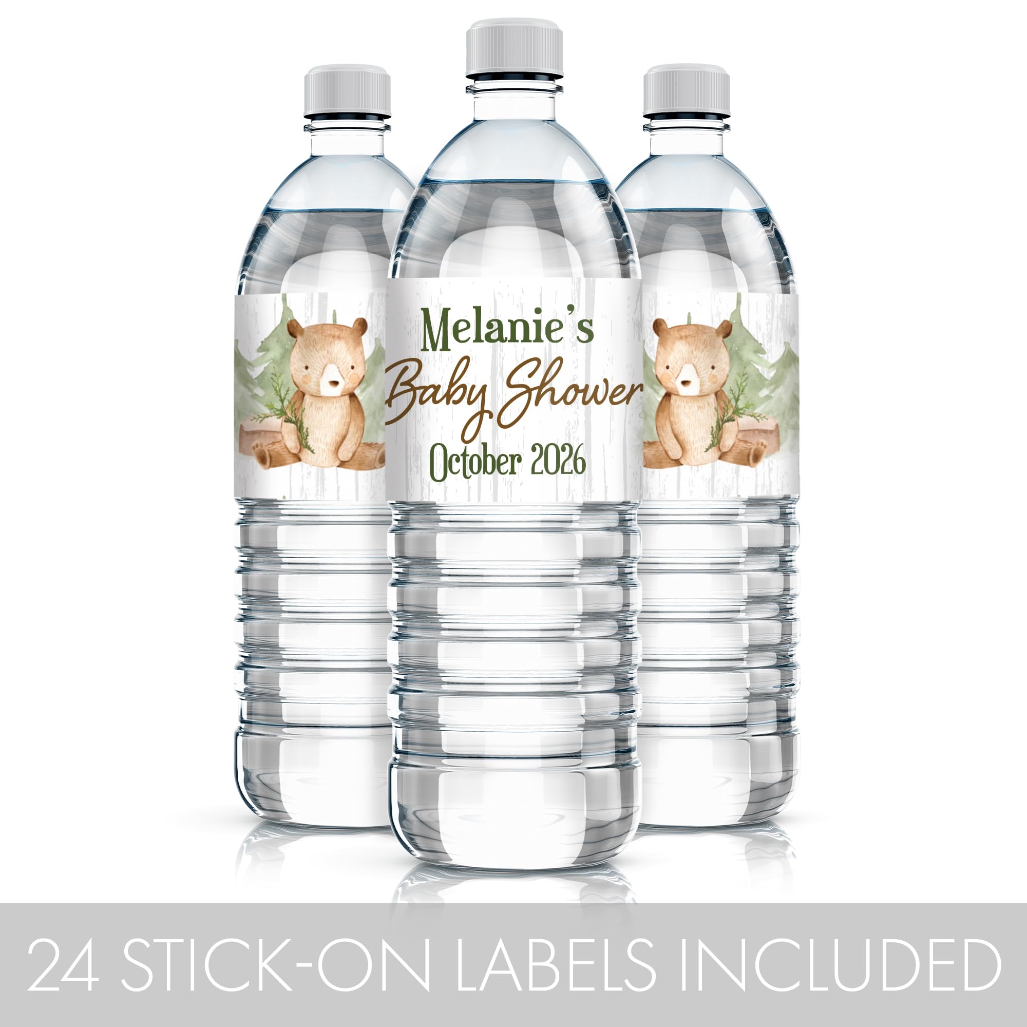 DISTINCTIVS Personalized Woodland Bear Baby Shower Water Bottle Labels - Customizable Waterproof Wrappers - 24 Stickers