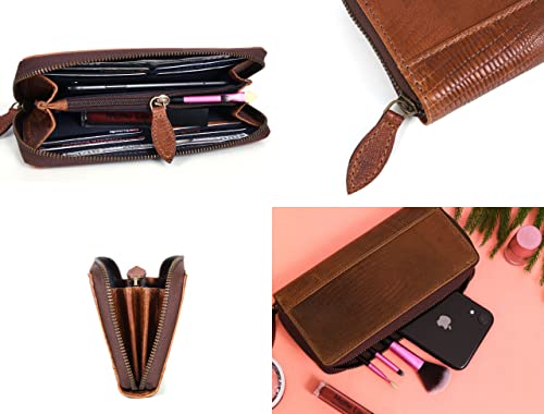 Aaron Leather Goods Women's RFID Blocking Large Capacity Leather Wallet Zip Around Phone Clutch Large Travel Purse Wristlet (Walnut)