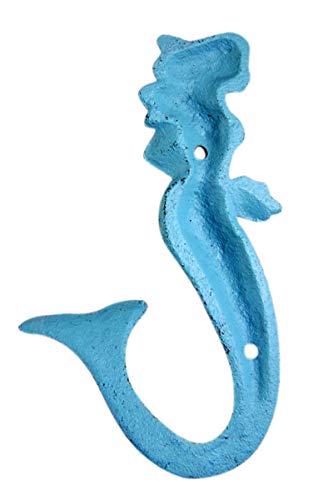 Aqua Blue Cast Iron Mermaid Wall Hook 5 3/4 Inch (Set of 4)
