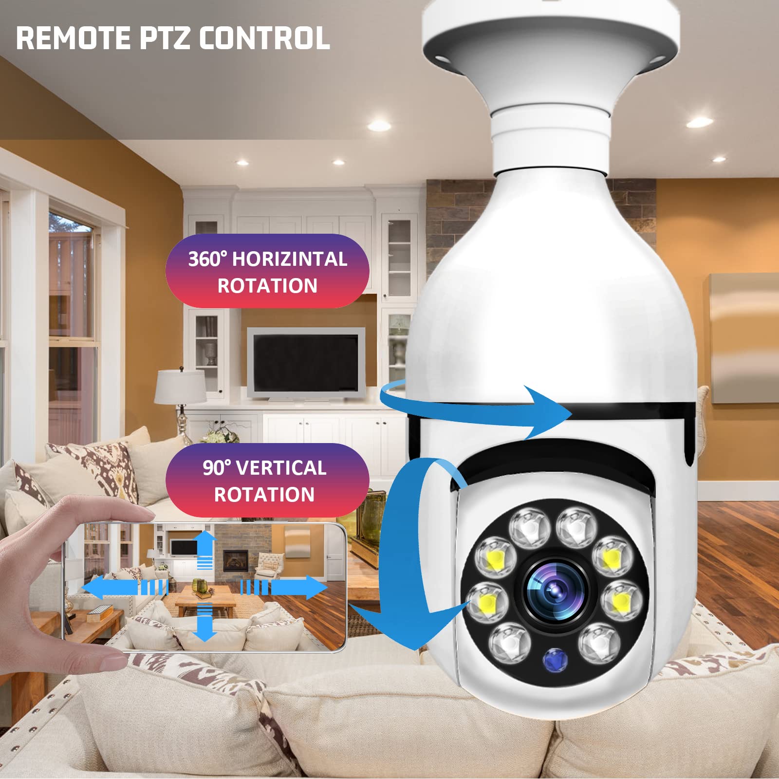1080P Light Bulb Camera - 360 Degree Security Camera Wireless Outdoor & Indoor - Wifi Home Camera with APP for Phone - Light Socket Monitor with Motion Detection and Alarm/ Two-Way Audio/ Night Vision