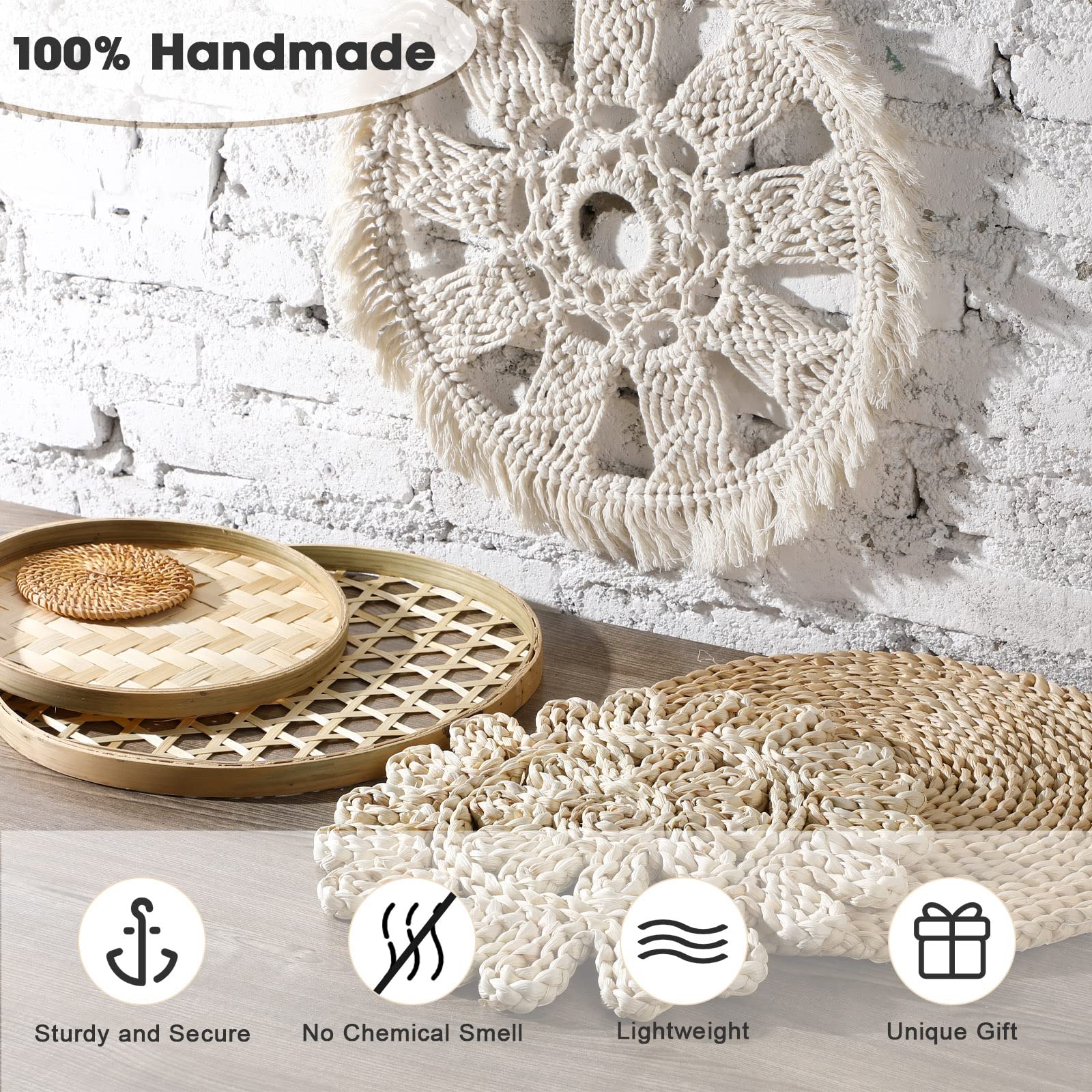 6 Pcs Rustic Hanging Boho Flat Woven Farmhouse Rattan Wall Decor Wall Basket for Living Room Bedroom Decoration