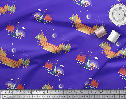 Soimoi Blue Cotton Canvas Fabric Bridge & Yacht Nautical Print Fabric by The Yard 56 Inch Wide
