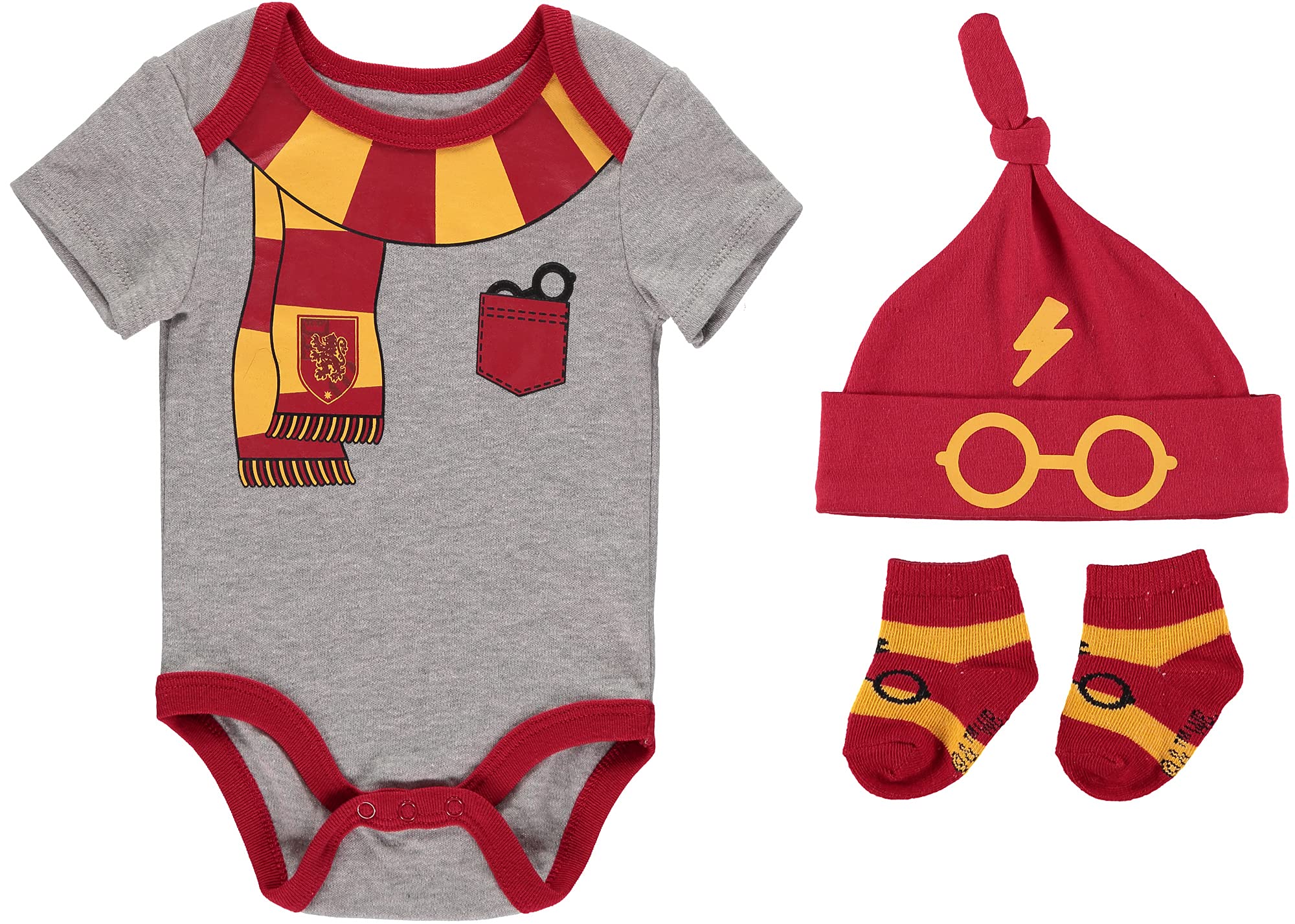 Harry Potter Baby Boys Clothing 3-Piece Set with Bodysuit, Hat, and Socks Gifts Baby Clothes (3 Pack Grey/Red/Yellow, 3-6M)