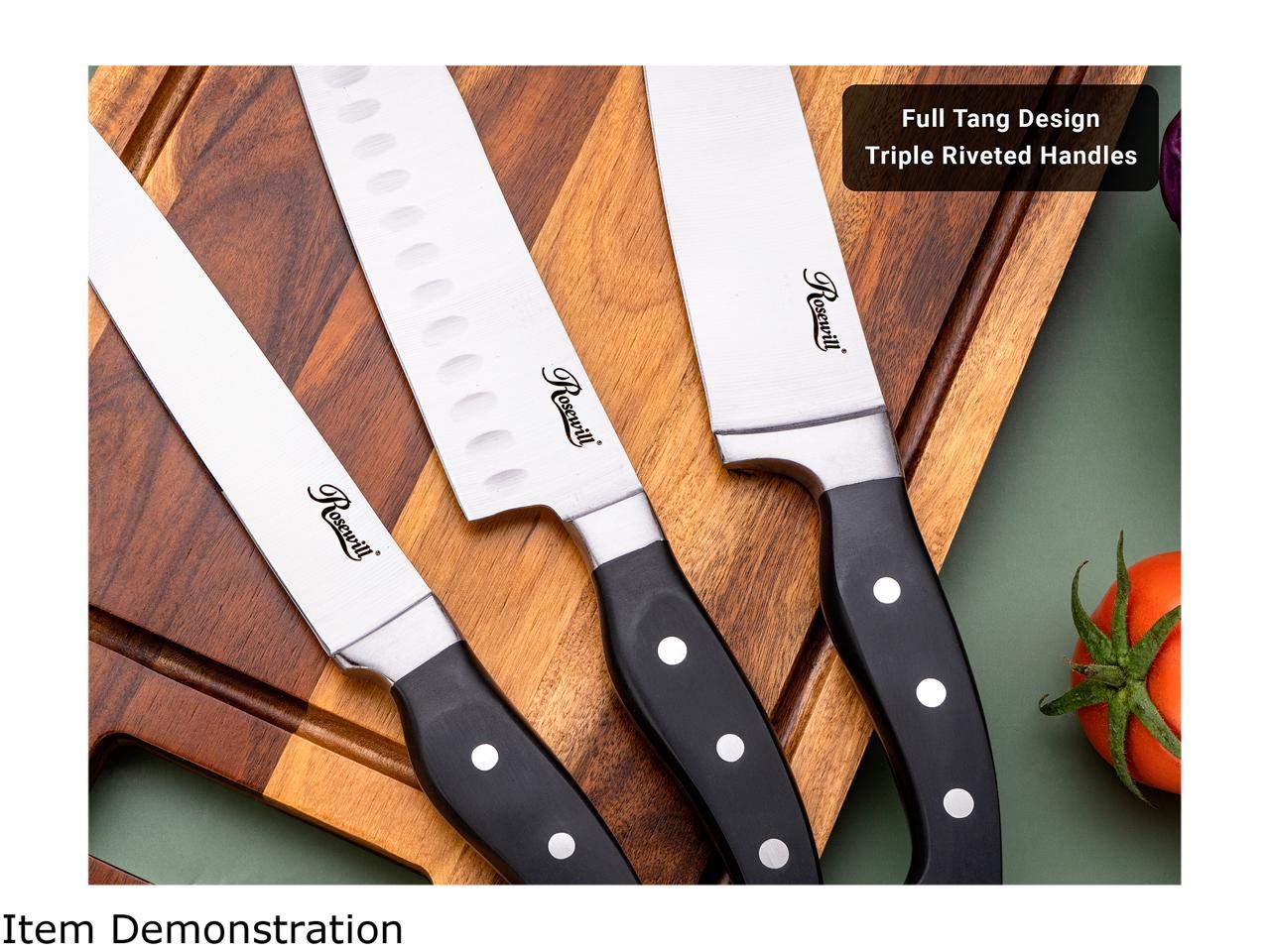 Rosewill 18 Piece Stainless Steel Cutlery Knife Set with Kitchen Shears| Triple Riveted Handles, Full Tang Design with Wood Block and Built-in Sharpener