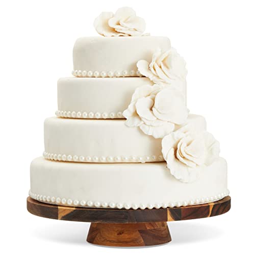 Acacia Wood Cake Stand, Round, Wooden Serving Platter for Appetizer and Dessert Tables at Parties, Birthdays, Weddings, and Restaurants, Rustic-Style (12.75 in)