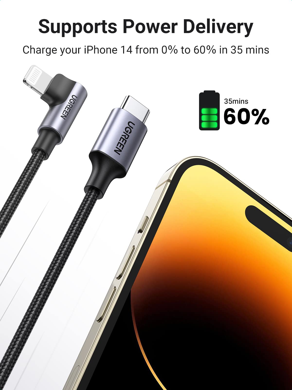 UGREEN MFi Certification Lightning Cable - 90 Degree USB C to Lightning Cable 6FT Compatible with iPhone 14/14 Pro/14 Pro Max, iPhone 13/12/11/X/XR/XS/8 Series, iPad, AirPods Pro