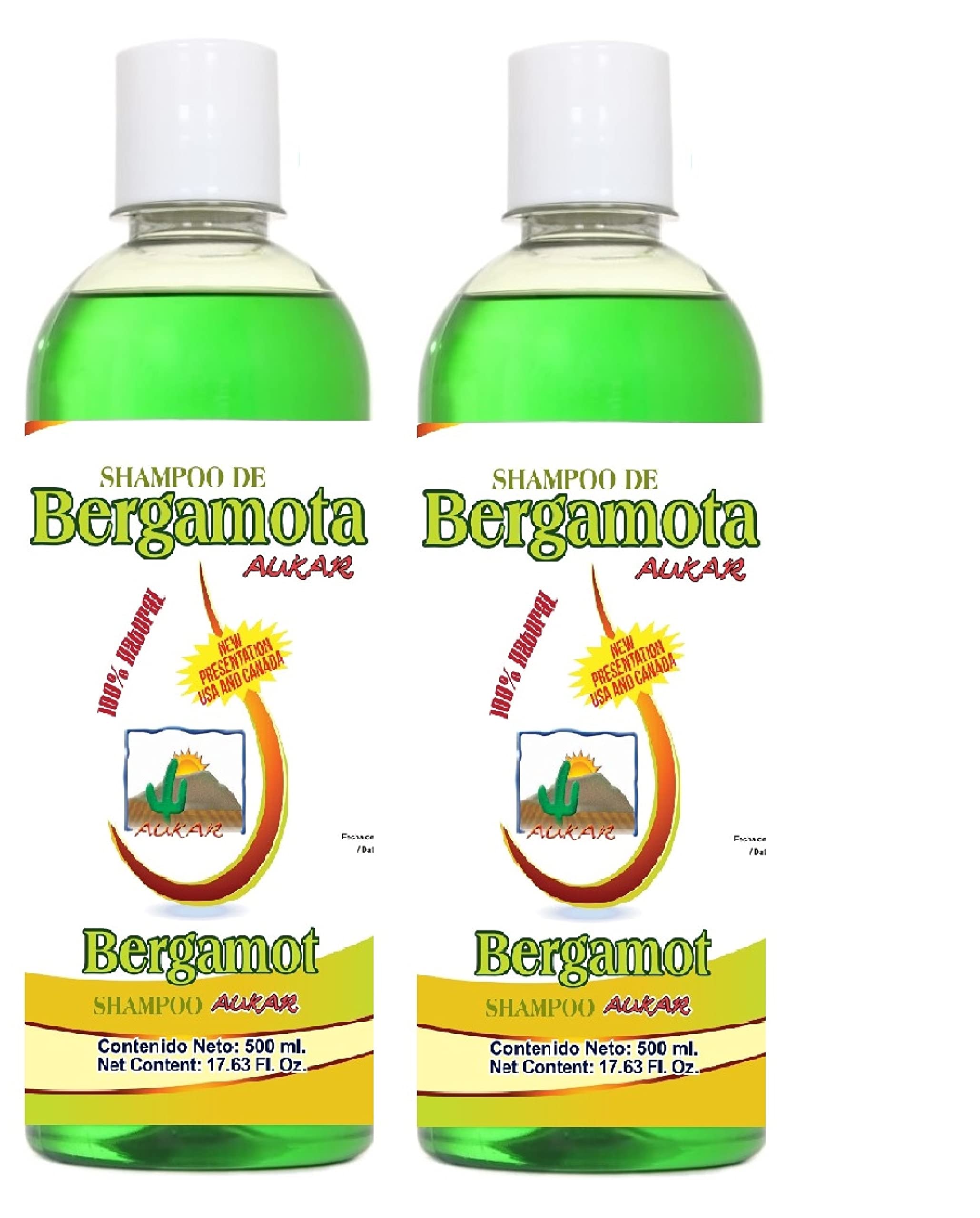 AUKAR Bergamot Shampoo 17.63 Fl Oz (PACK of 2) plus Key Chain Shampoo de Bergamota 500ml más Llavero. Twin Pack. 100% Natural.