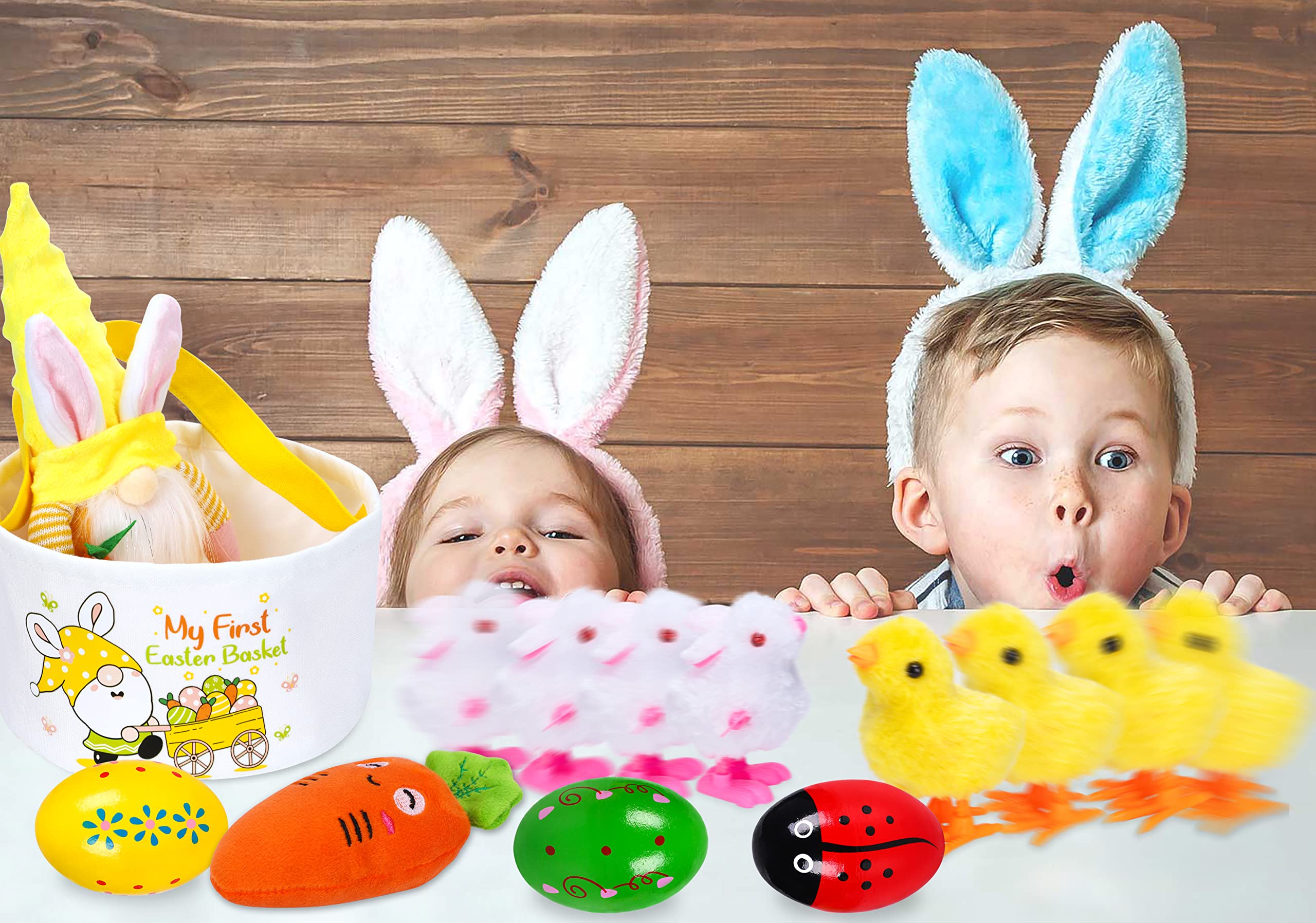 80UncleKimby 8PCS My First Easter Basket Stuffers Gifts Baby Kids - includes Eggs, Wind-Up Bunny & Chick, Stuffed Plush Carrot, Gnome for Toddlers Girls Boys Party Favors
