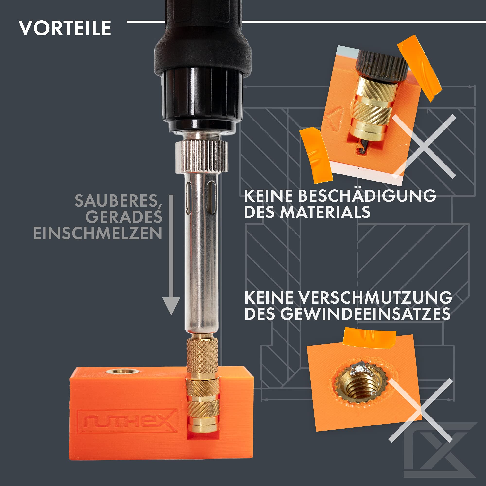 ruthex 7X Soldering Tips/Heat-Set Insert Tips - Threaded Inserts M2 / M2.5 / M3 / M4 / M5 / M6 / 1/4" / M8
