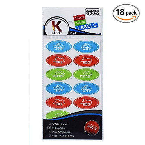 18 Assorted Kosher Labels β 6 Blue Dairy, 6 Red Meat, 6 Green Parve Stickers -Oven Proof up to 500Β°, Freezable, Microwavable, Dishwasher Safe, Hebrew β Color Coded Kitchen Tools by The Kosher Cook