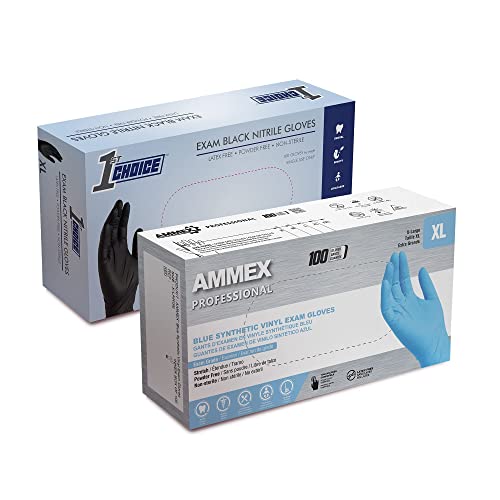 1st Choice Black Disposable Nitrile Exam Gloves & AMMEX Stretch Synthetic Blue Disposable Vinyl Exam Gloves, Size X-Large, 3 Mil, 1 Box of 100 Per Style, Bundle