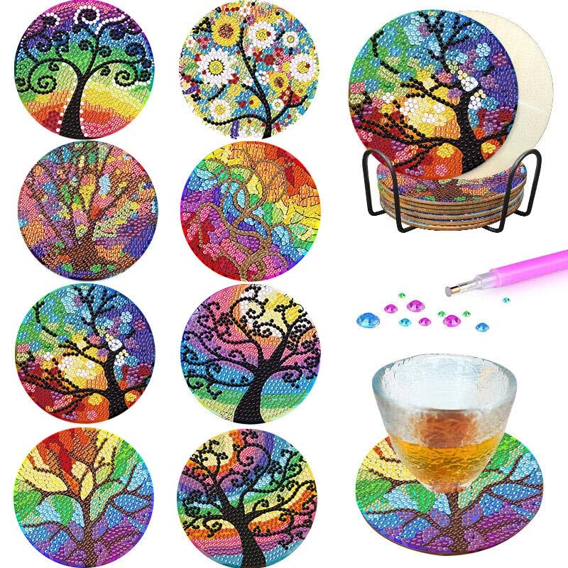 8 PCS Diamond Painting Coasters kit with Holder-Colorful Tree Diamond dot Art Coasters for Adults Kids Beginners,DIY Art and Crafts Gift
