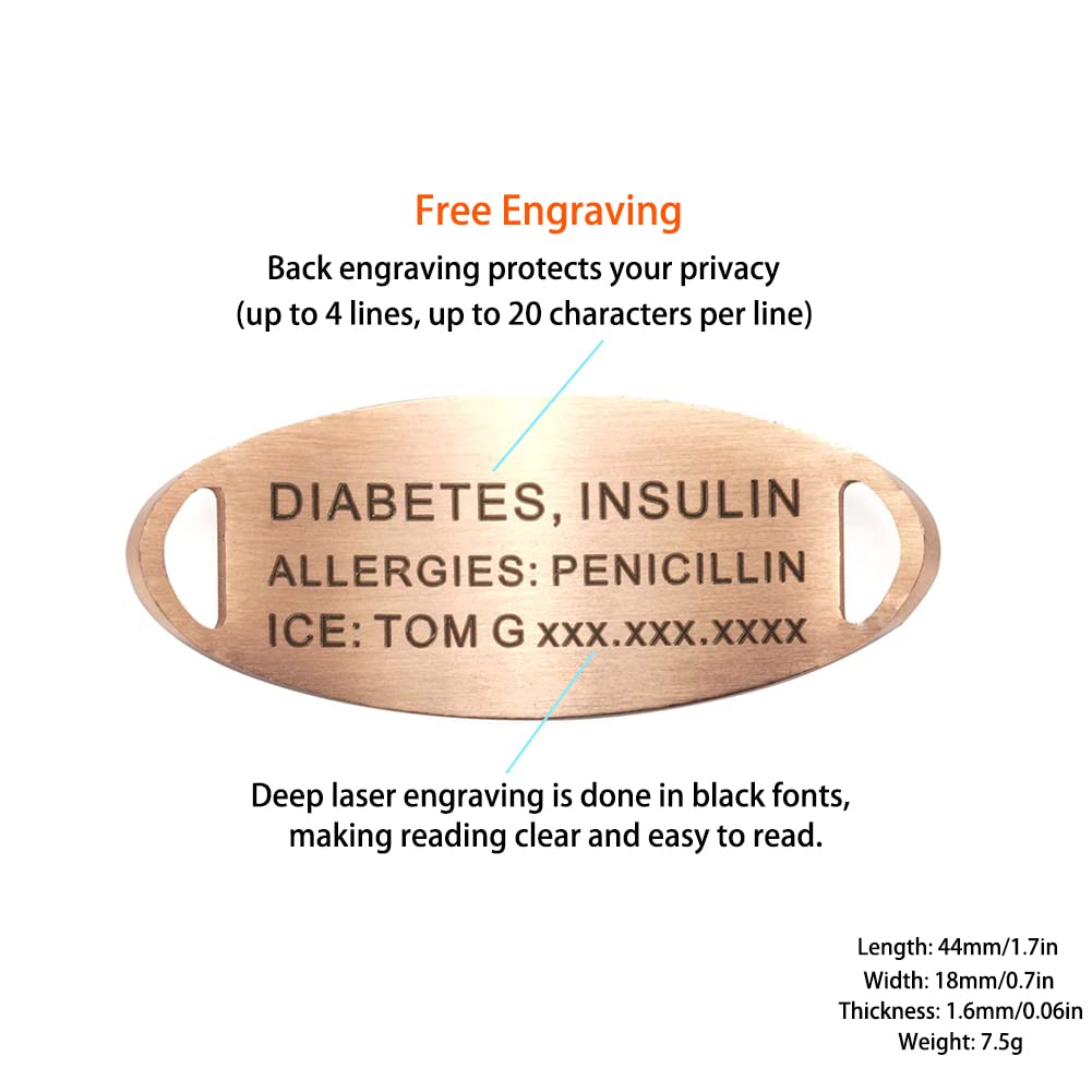 2Pcs Rose Gold Medical Alert ID Tag for Medical Alert Bracelet | Curved Comfort Design - Free Customize Engraved Medical Tag Set