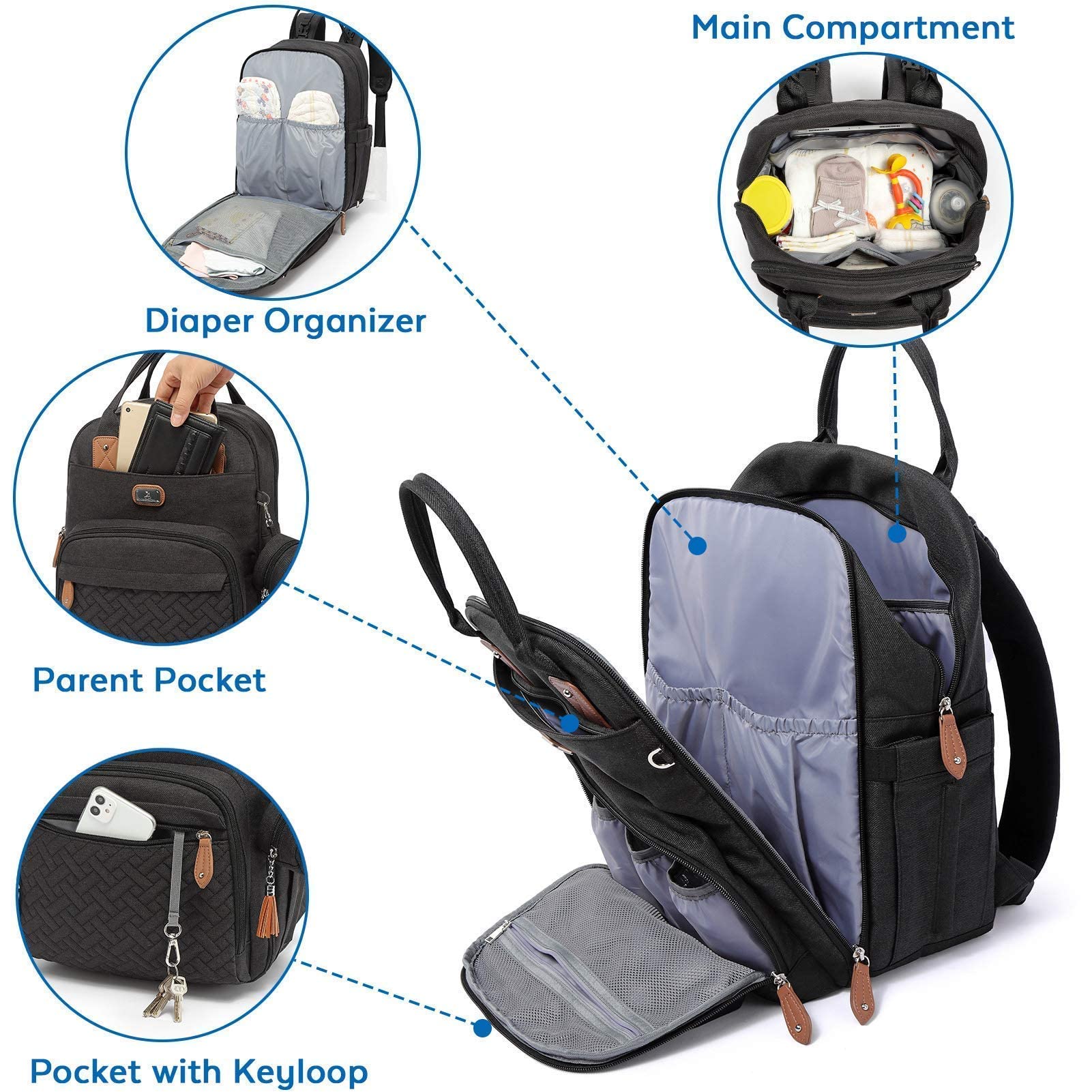 Dikaslon Diaper Bag Backpack, Stroller Hooks, Large Unisex Baby Bags with Changing Pad, Pacifier Case and Universal Stroller Clips for Mom Dad