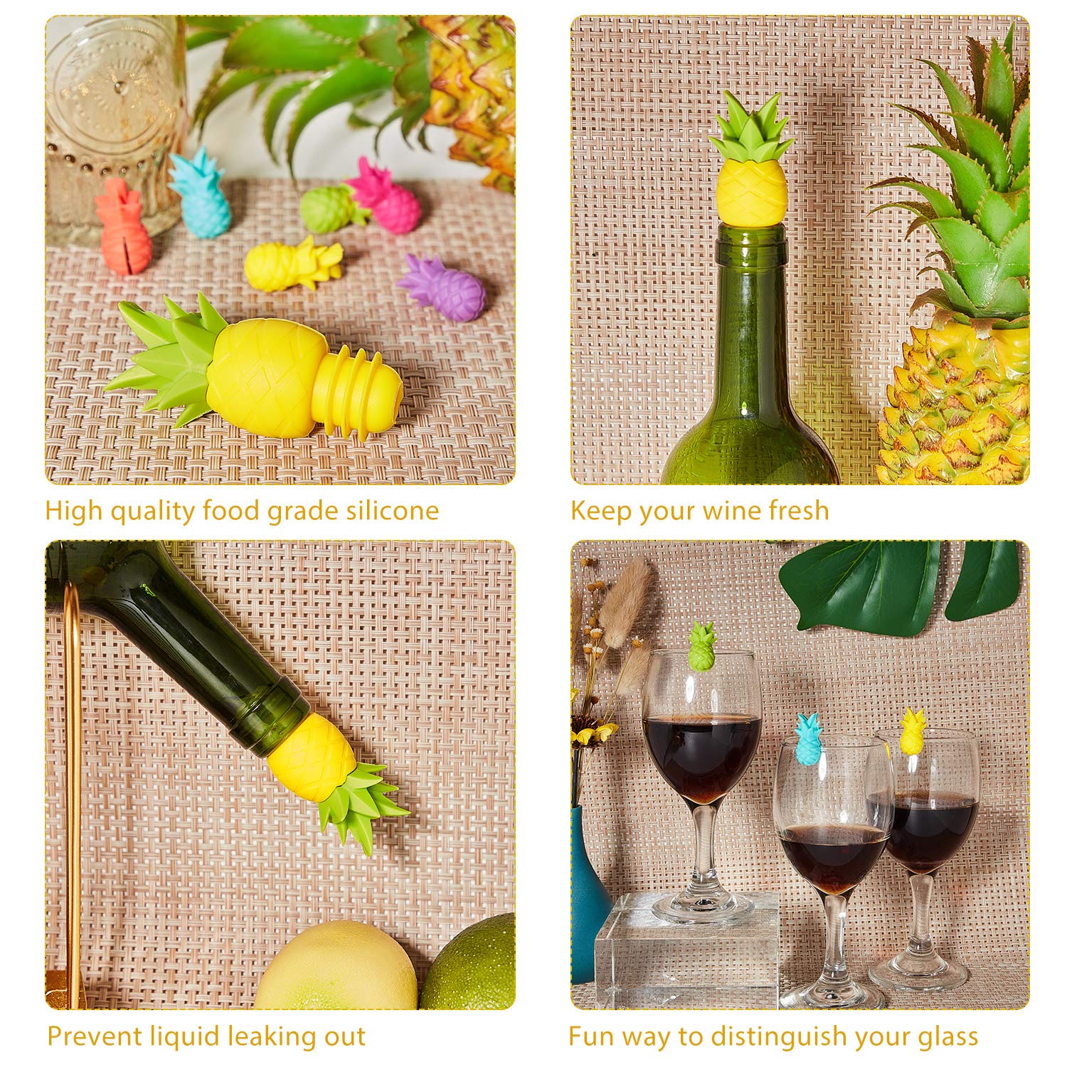 14 Pieces Pineapple Silicone Bottle Stopper Wine Glass Markers, Silicone Charms and Wine Stoppers Reusable Beverage Bottle Stoppers Tropic Wine Glass Charms for Wedding Party Gift