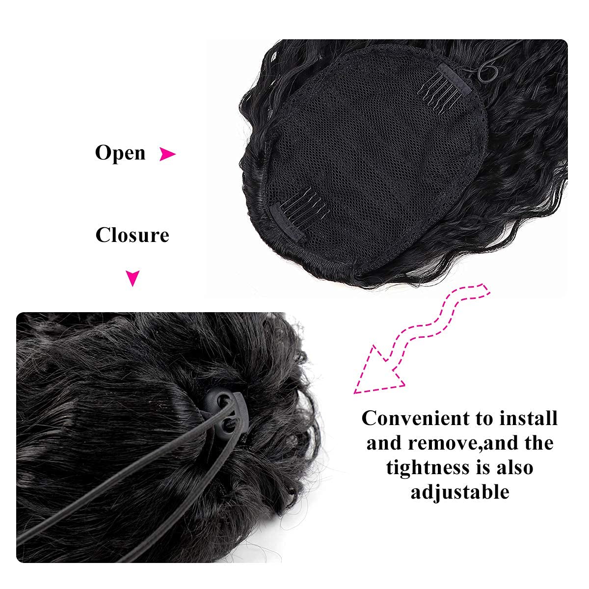 30inch Long Corn Curly Wave Drawstring Ponytail Synthetic High Puff Hair Pieces With Comb Black Wavy Clip in Extensions (1B)