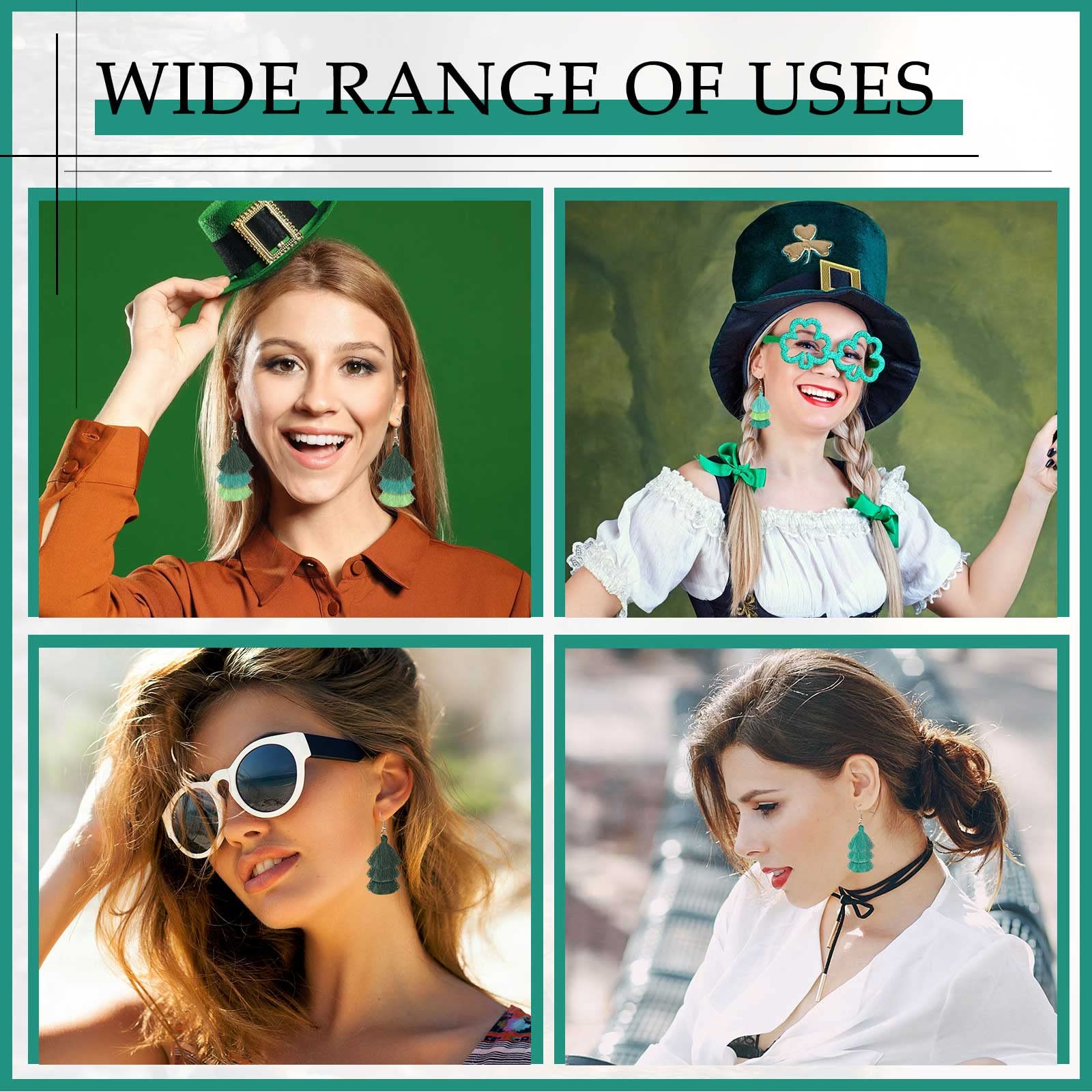 12 Pairs St. Patrick's Day Earrings Include 6 Pair St. Patrick's Day Layered Green Tassel Drop Earrings 6 Pair Irish Four Leaf Clover Shamrock Gold Stud Earring with Clear Earring Back for Women Girl