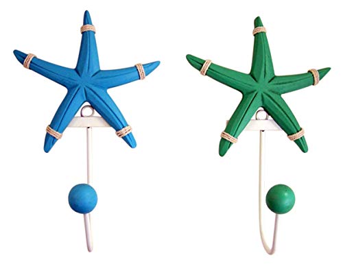 Blue and Teal Wooden Starfish Wall Hooks, Set of 2, 10 1/2 Inch