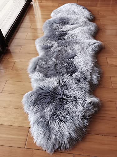 Starose New Zealand Double Pelts Sheepskin Rug Light Gray Floor Area Rug Lambskin Runner 78"x28"