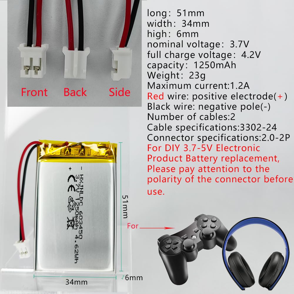 3.7v 1250mAh 603450 Replacement Battery for Sony PS4 Gold Wireless Stereo Headset,Compatible with PS3 Controller CECHZC2E CECHZC2J CECHZC2H CECHZC2A and CECHZC2U, Lip1349 LIP1472 LIP1859 Playstation 3