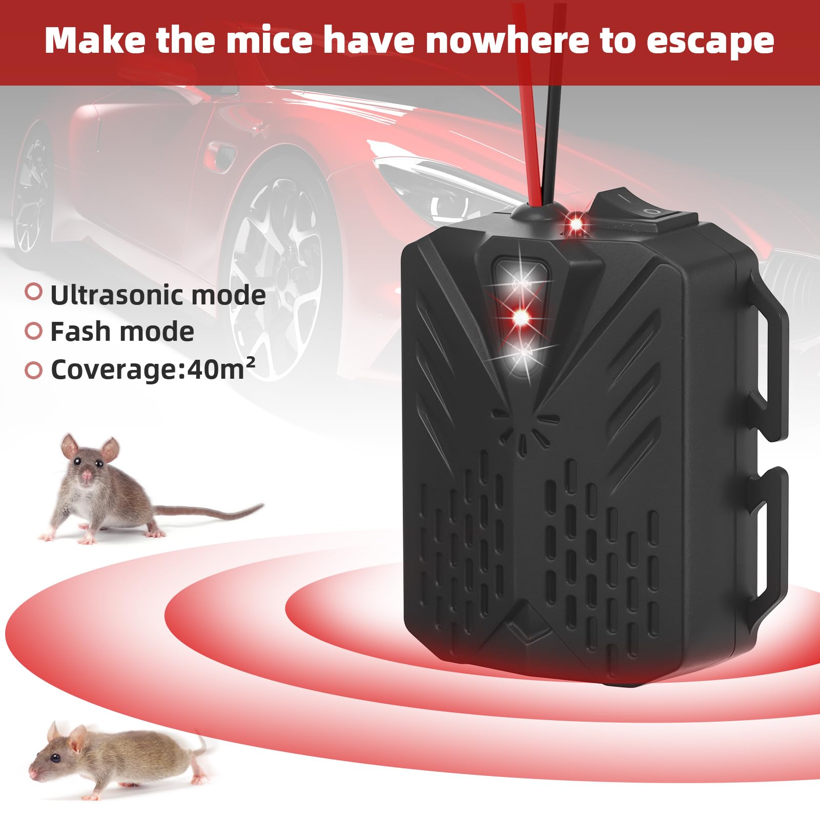 2 Pack Rodent Repellent Ultrasonic Under Hood Animal Repeller with Strobe Light, Professional Ultrasonic Mouse Repellent Squirrel Repellent Rodent Repellent for Car Engines Vehicle Protection