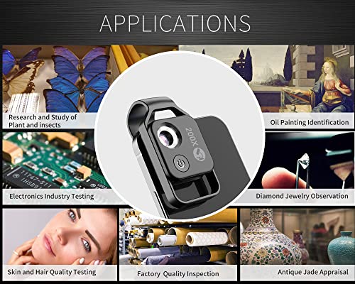 200X Phone Mini Pocket Microscope, with LED Light/Universal Clip, Portable Digital Microscope Camera Lens Attachments for Smartphone, Open up The microworld for Kids Adults (Black with CPL)