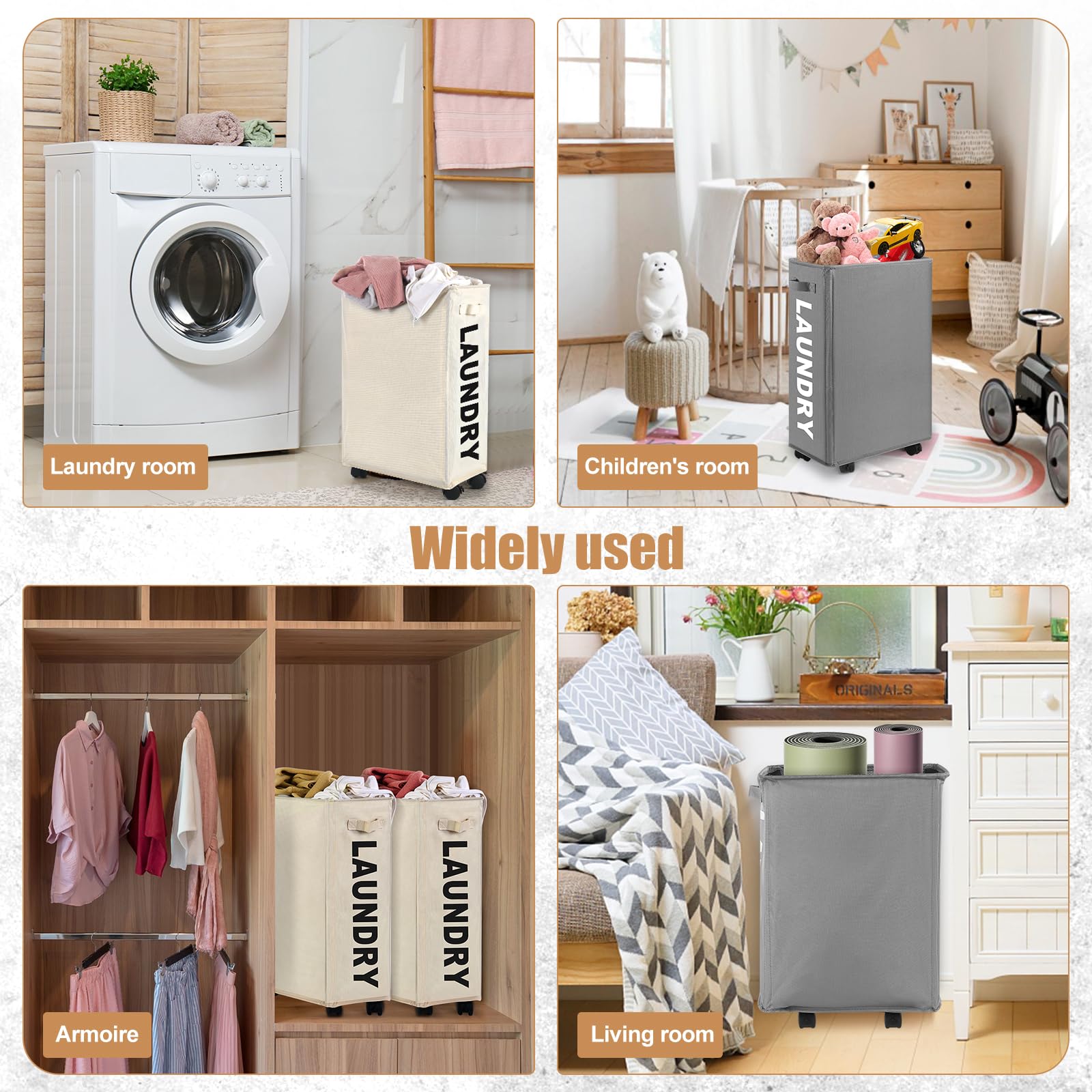2 Pack Rolling Slim Laundry Basket Laundry Hamper with Wheels and Handle Foldable Waterproof Narrow Corner Clothes Storage Bins Tall Laundry Basket for baby's room/Laundry Room Etc,(42L,Beige+Grey)
