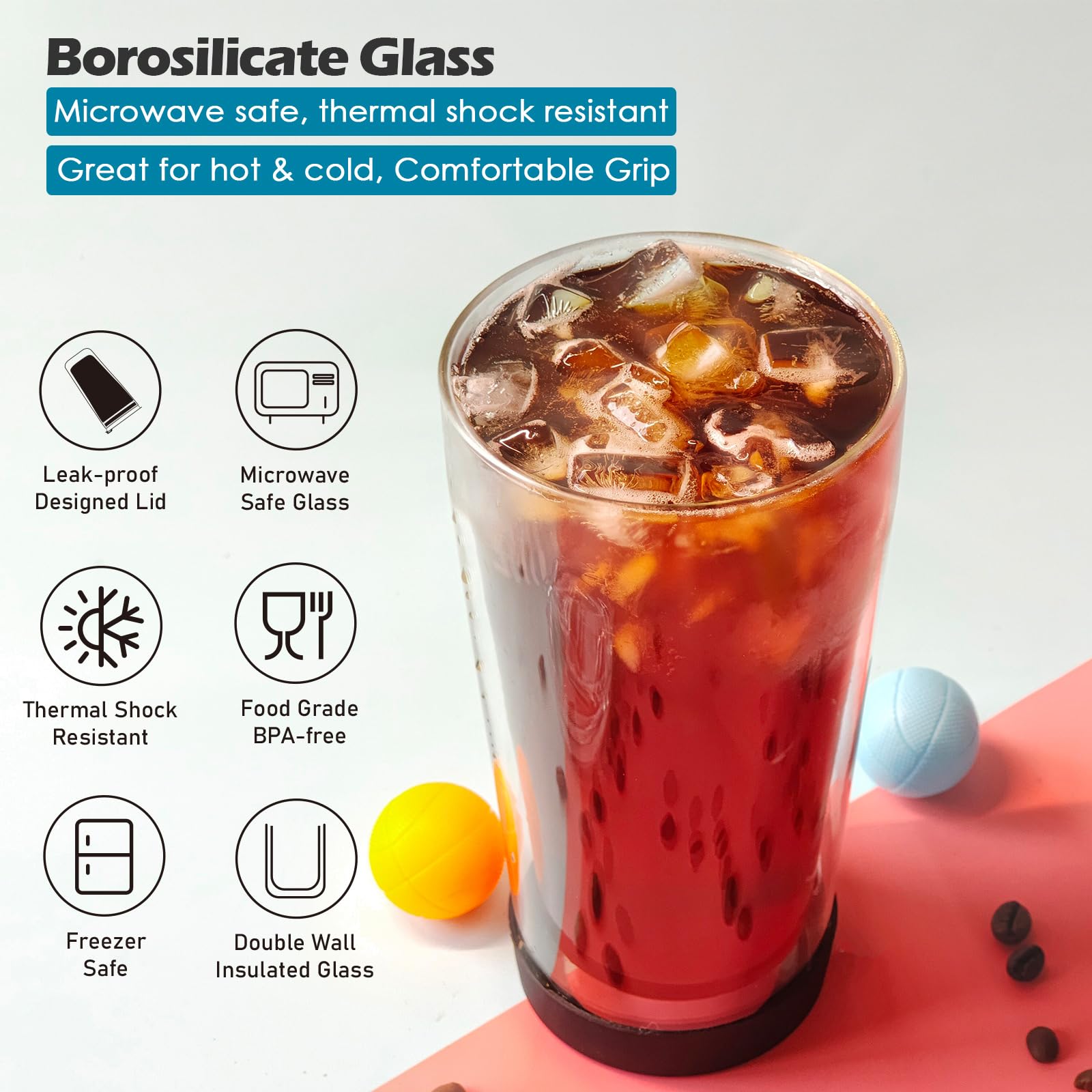 18 oz Double Wall Glass Tumbler with Straw and Leak-proof Plastic Lid, Borosilicate Glass Coffee Travel Mug, To Go Clear Reusable Tea Cup, BPA-free, Microwave Safe (Black)