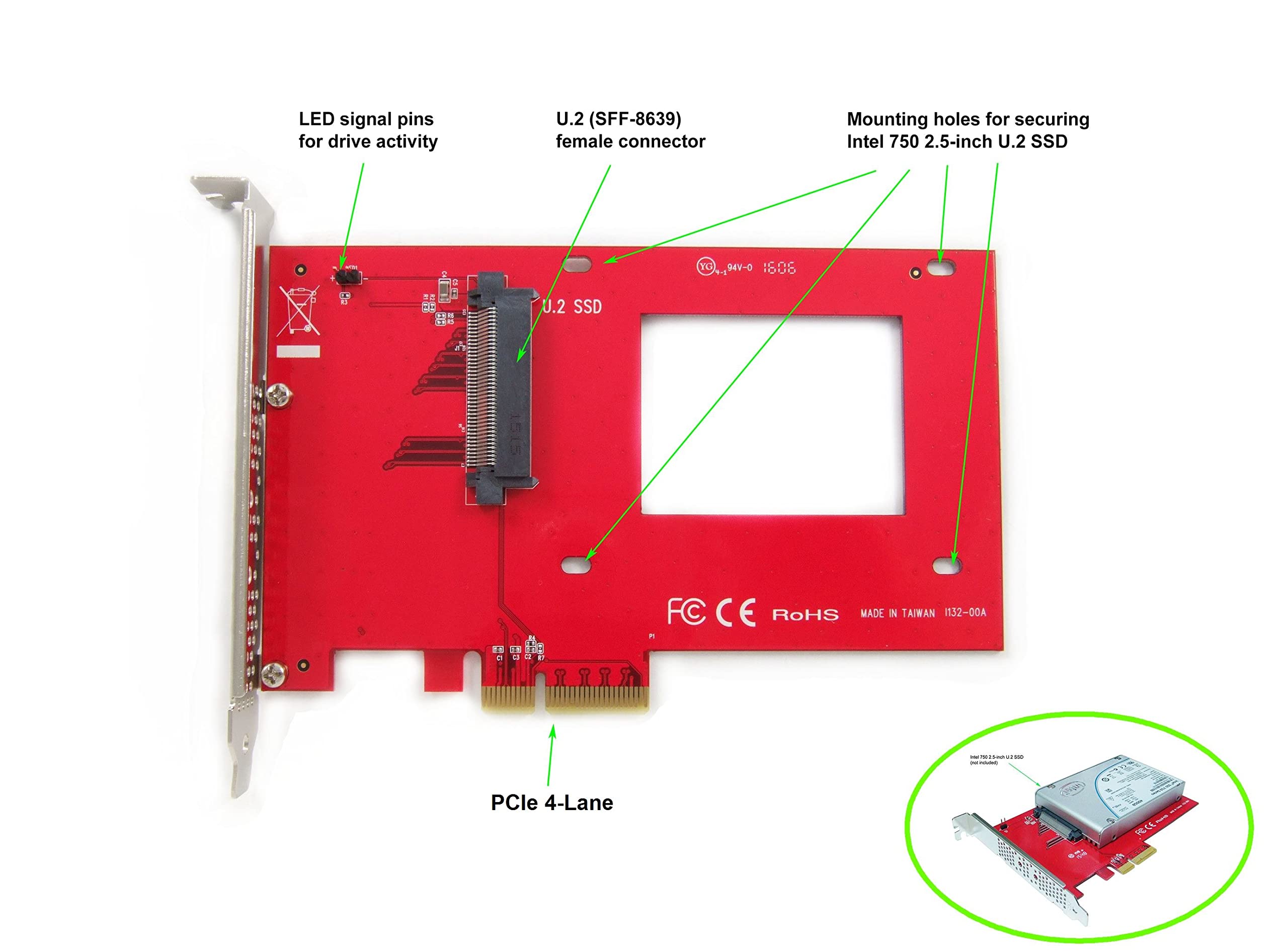 Ableconn PEXU2-132 NVMe 2.5-inch U.2 (SFF-8639) SSD PCIe 4.0 x4 Carrier Adapter Card - for 2.5-inch U.2 NVMe SSD - U.2 to PCIe - PCIe Adapter for U.2 Drive