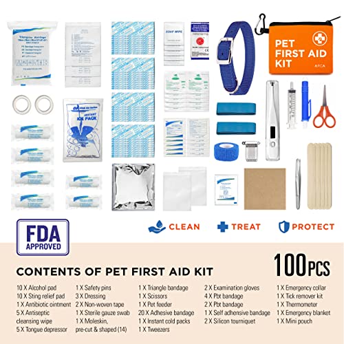 ARCA PET Cat & Dog First Aid Kit Home Office Travel Car Emergency Kit Pet Travel Kit – 100 Pieces with Emergency Collar and Pet Thermometer & Mini Pouch (Neon Orange)