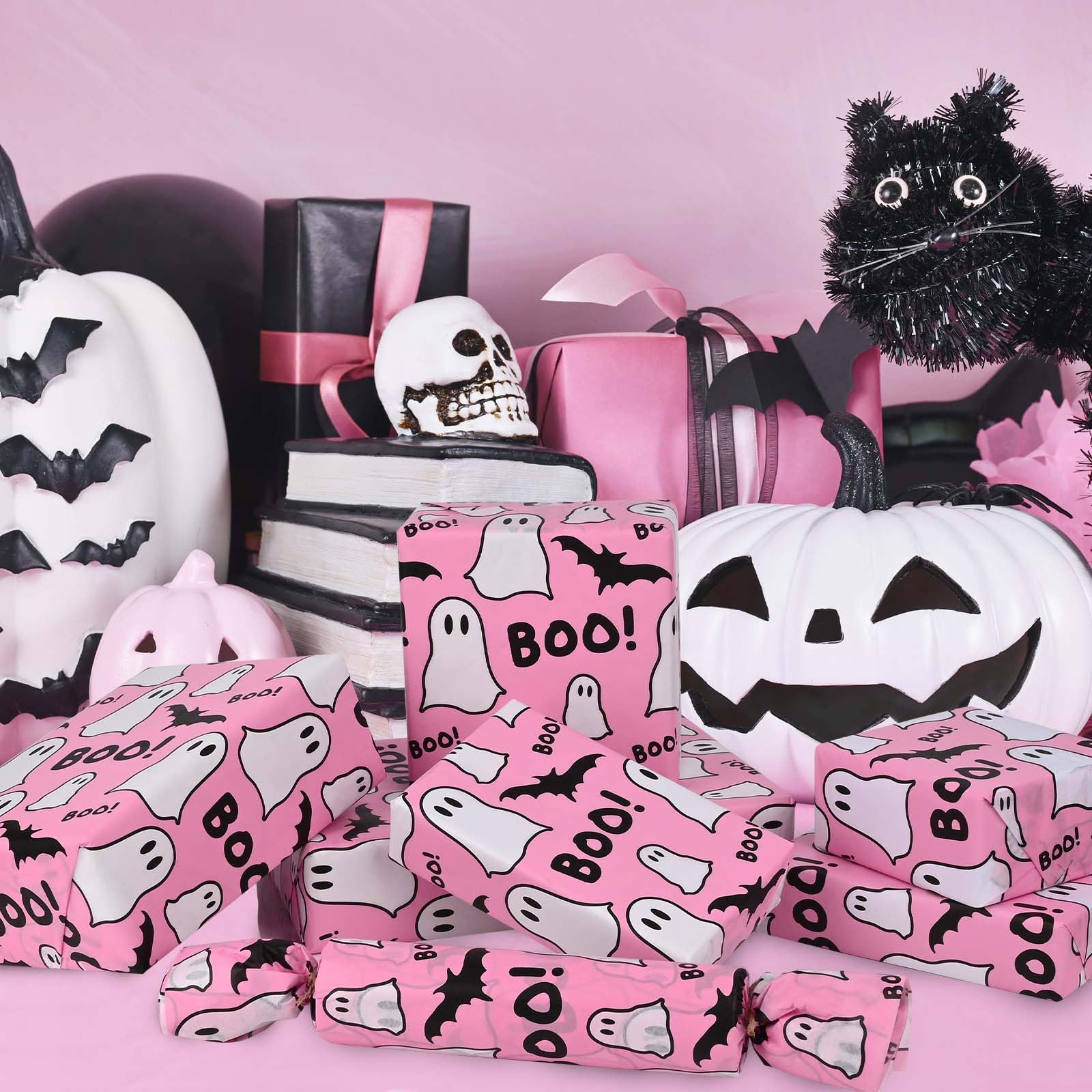100 Sheets 20 * 14 Inches Pink Ghost and Boo Tissue Paper Halloween Bat Ghost Printed Tissue Paper for Birthday Party Baby Shower Halloween Party DIY Craft