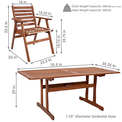 Sunnydaze 7-Piece Meranti Wood with Teak Oil Finish Long Patio Dining Table and Chairs Set - Modern Comfortable Outdoor Dining - Patio, Deck, Front Porch, Poolside or Balcony