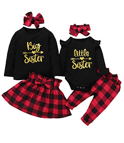 Aslaylme Baby Girls Little Sister Outfit Plaid Matching Sister Outfit (Red-Little Sister,0-3 Months)
