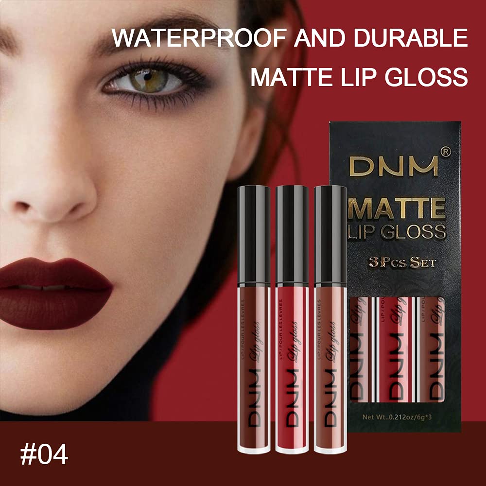 DNM 3Pcs Matte 24-hour Liquid Lipstick Sets, Dark Ruby Brown Red Permanent Stay on Lipstick Lip Set for Black Women Long Lasting 24 Hours Smudge Proof labiales matte labial mate larga duracion 24 02