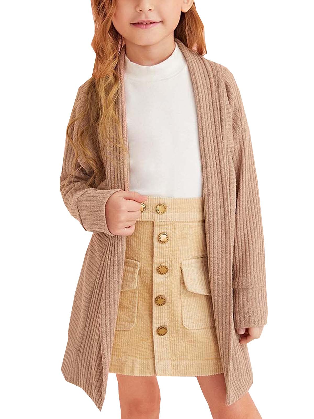 Cutoluca Toddler Baby Girl Knitted Sweater Long Sleeve Cardigan Open Front Coats Fall Winter Kids Solid Long Jacket (Khaki, 6-7 Years)