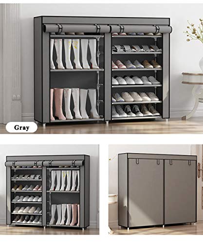 9 Tier Shoe Rack,Double Rows 9 Lattices Large Free Standing Shoe Racks,Shoe Storage Organizer Cabinet with Nonwoven Fabric Dustproof Cover,Space Saving Portable Closet Shoe Cabinet Tower (Gray)
