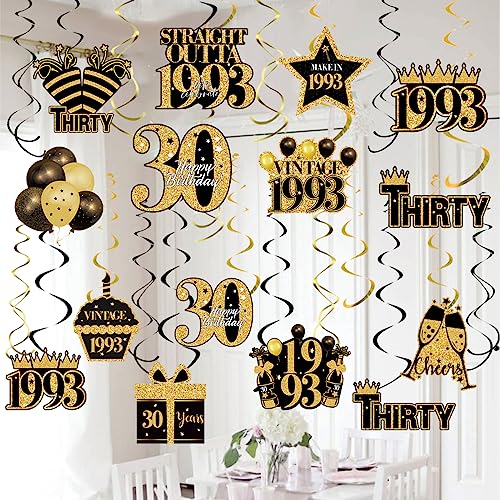 30th Birthday Decorations Men, 45pcs 30th Birthday Party Supplies, 1993 Gold Birthday Decorations, Party Streamers Hanging Swirls for Him, Thirty Years Old Dangling Spinners Foli Bday Ceiling Decor