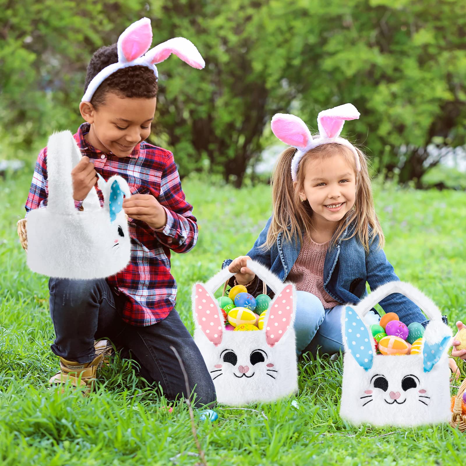 2 Pcs Plush Easter Bunny Basket Bunny Easter Buckets Fluffy Rabbit Easter Basket Bunny White Basket with Handle and Foldable Ear for Kid Adult, Easter Gifts Bunny Easter Egg Basket Hunt Event Supplies