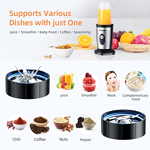 Acezoe 850W Bullet Blender for Shakes and Smoothies, 5 in 1 Personal Blenders for Kitchen, with 6 fins Blade, 2x500ml Portable Bottle, 1 Grinding Cup, for Juice, Protein, Vegatable, Easy to Clean
