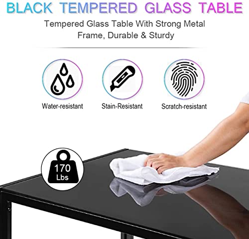 Henf 5-Piece Kitchen Dining Table Set W/Glass Tabletop, 4 PU Leather Chairs Glass Dining Set for Home Kitchen Dining Room Breakfast Furniture, Black