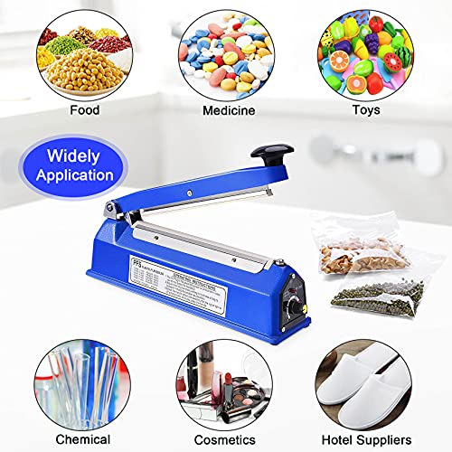 Suteck 8 inch Impulse Bag Sealer, Manual Poly Bag Sealing Machine w/Adjustable Timer Electric Heat Seal Closer with 50Pcs 4X6 Inch Shrink Wrap Bag and 2 Free Replacement Kit (Sapphire)