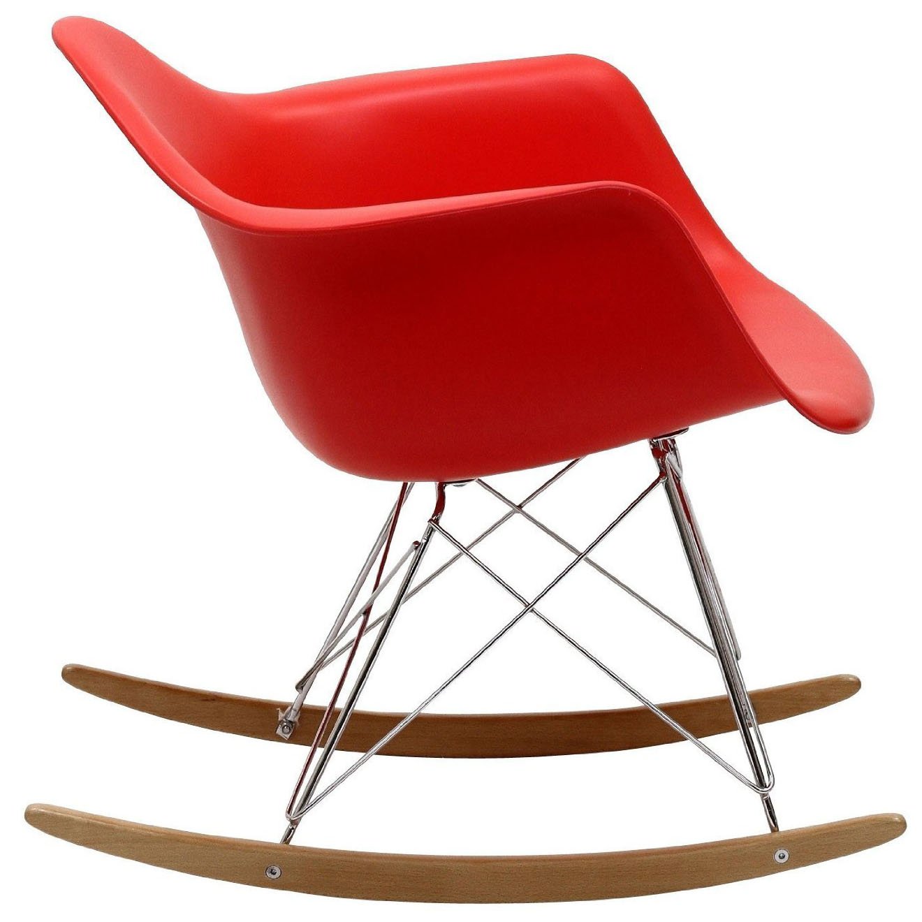2xhome Modern Molded Plastic Shell Rocking Chair with Metal Eiffel Wire Frame and Wooden Rocker Legs, Bright Red, Single, Set of 1