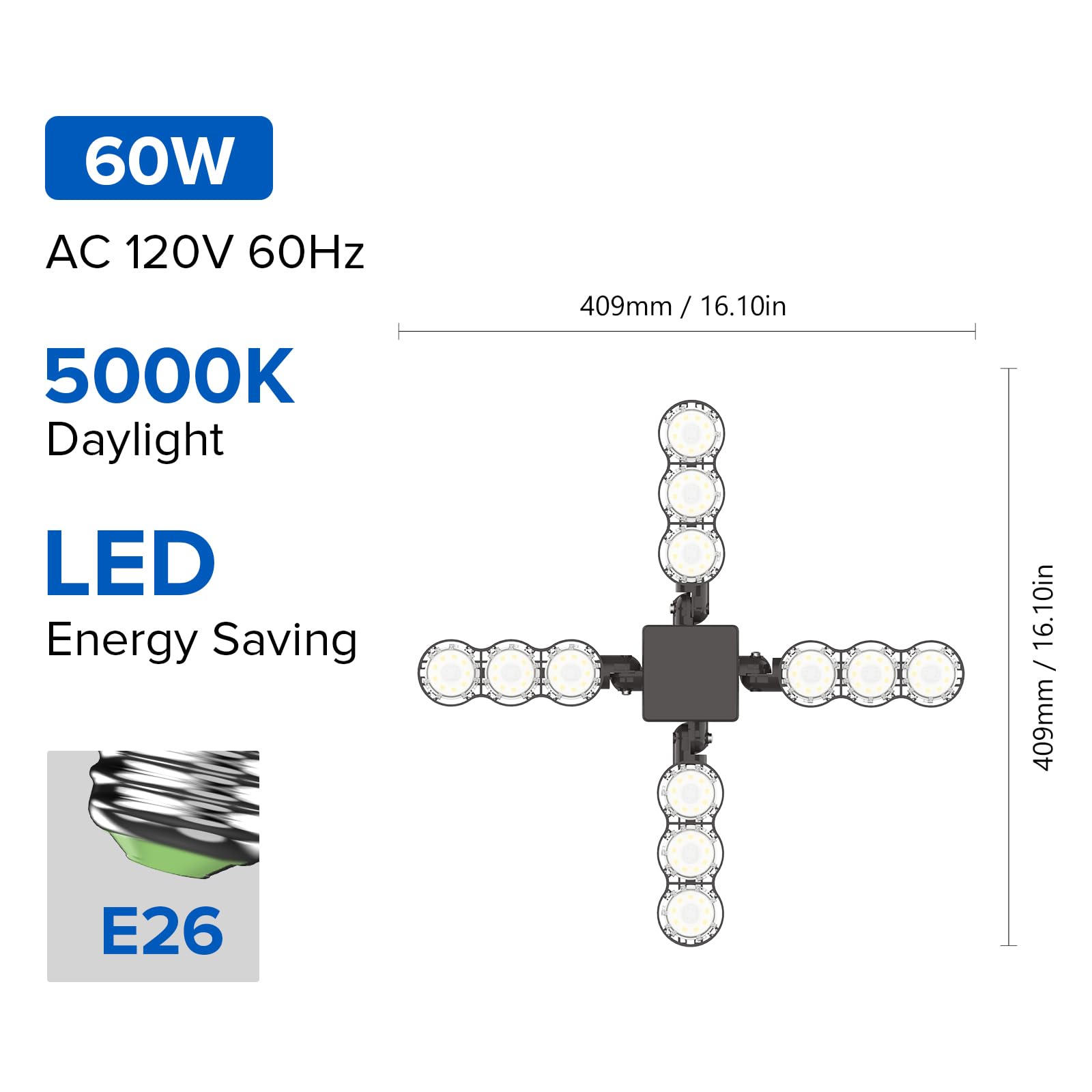 SANSI LED Garage Light, 60W (480W Equivalent) LED Shop Light 6000lm 5000K Daylight Super Bright E26 LED Garage Ceiling Lights with 4 Adjustable Panels for Garage, Warehouse, Basement, 5 Years Warranty
