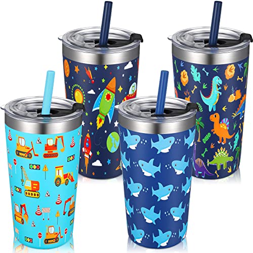 4 Pack Kids Cups with Straw Lid, Toddler Smoothie Cup Spill Proof Vacuum Stainless Steel Insulated Tumbler for Boys, 4 Styles Powder Coated Baby Child Cup + BPA Free Lids + Silicone Straws (12 Oz)