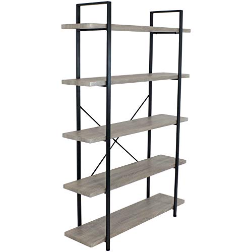 Sunnydaze 5-Tier Bookshelf - Industrial Style with Freestanding Open Shelves with Veneer Finish - Holds Books, Media, Storage Cubes, DVDs and More - Oak Gray