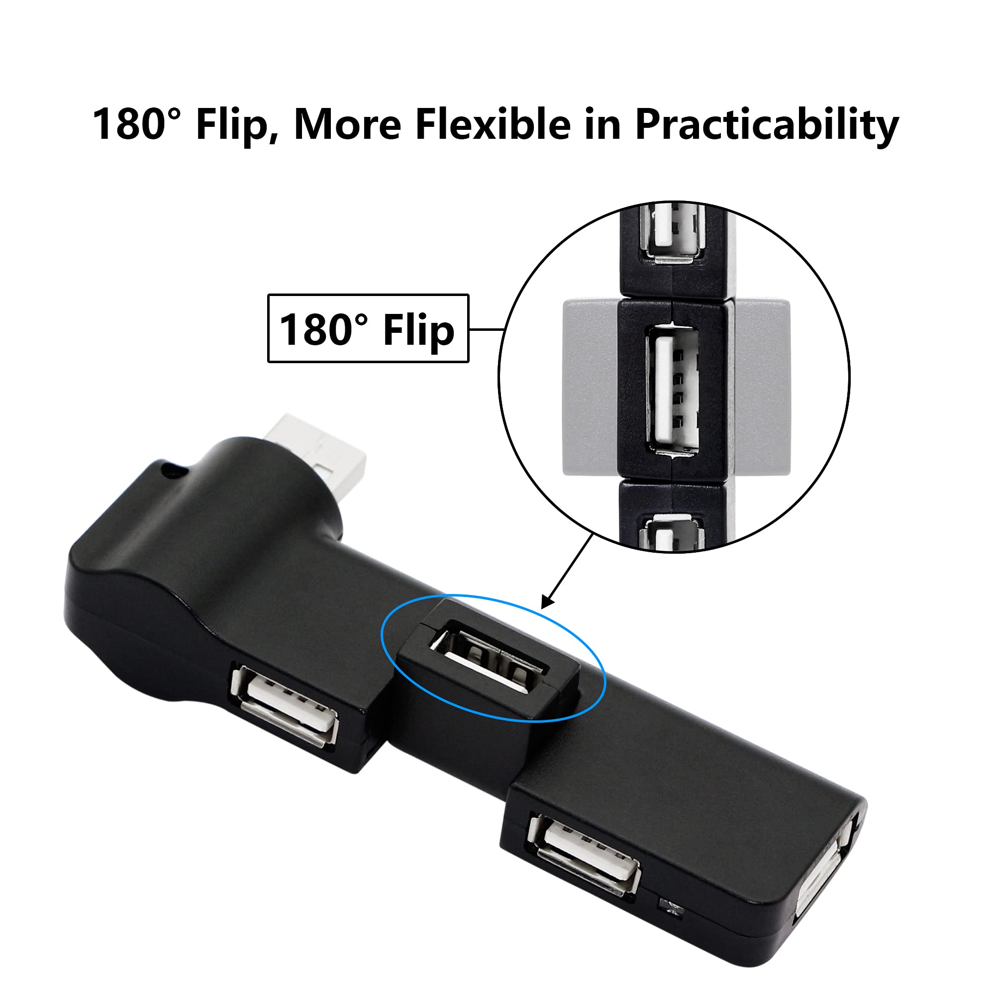 RIIEYOCA 4 Port USB 2.0 Hub, 90°/180° Degree rotatable USB Expansion allocator, for PC, Laptop, Keyboard, Mouse, Hard Drives and Other USB 2.0 Adapter(Black)
