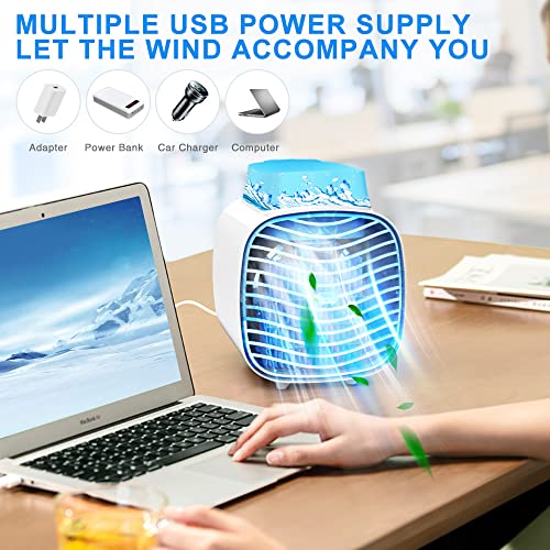 2022 Portable Air Conditioner, USB Rechargeable 3 Speeds Personal Evaporative Air Cooler Cooling Desktop Humidifier Fan with Blue Atmosphere Light for Room/Office/Desk/Nightstand/Camping (Style 04)