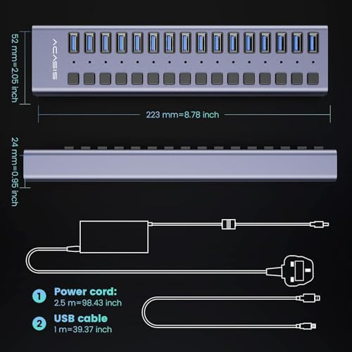 90W Powered USB Hub - ACASIS 16 Ports USB 3.0 Data Port, Aluminum Housing, Individual On/Off Switches, 12V/7.5A Power Adapter, USB Charging Hub/USB Splitter for Laptop, PC, Computer, Printer